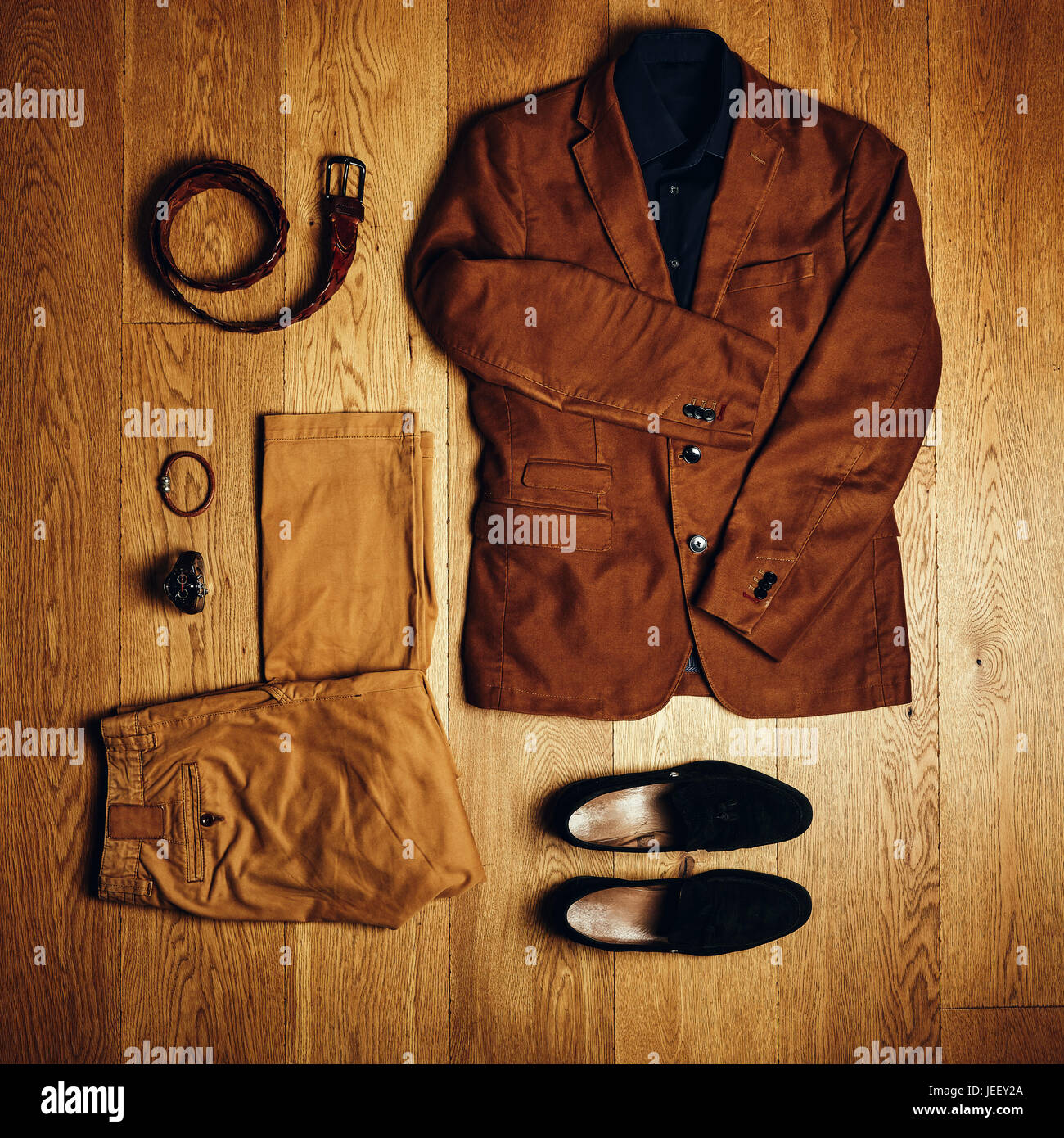 Mens clothes and accessories on wooden background Stock Photo - Alamy