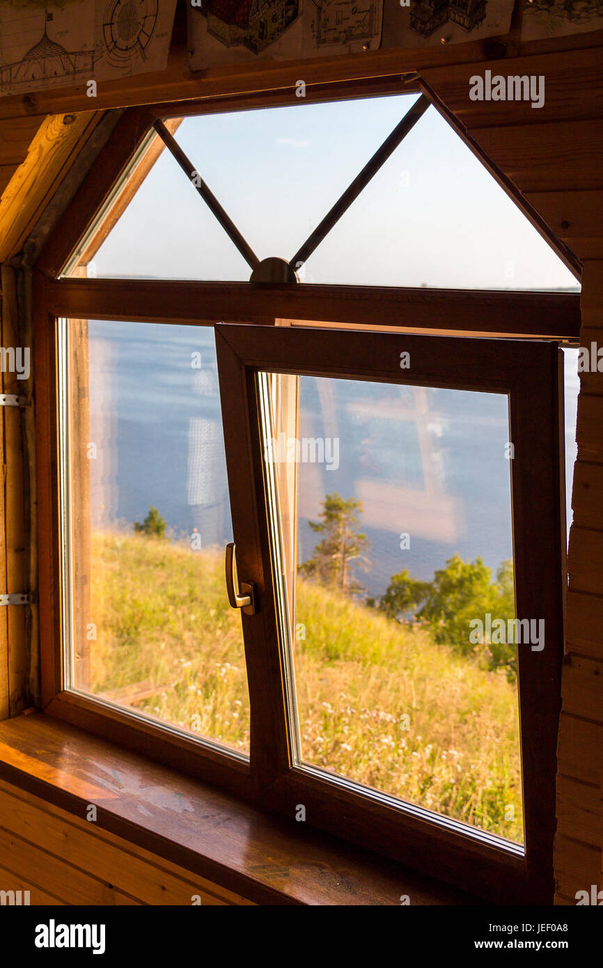 Nice view from the window of a wooden house closeup Stock Photo - Alamy