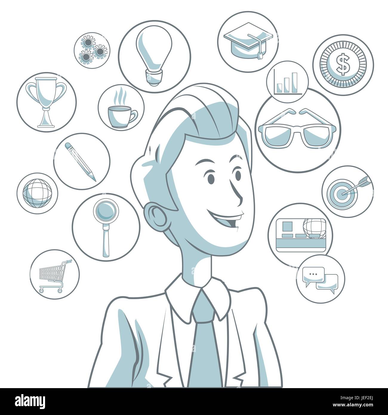 white background with color sections of executive man and icons digital ...