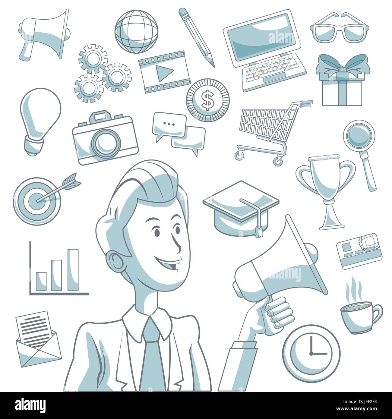 white background color sections digital marketing icons with man ...