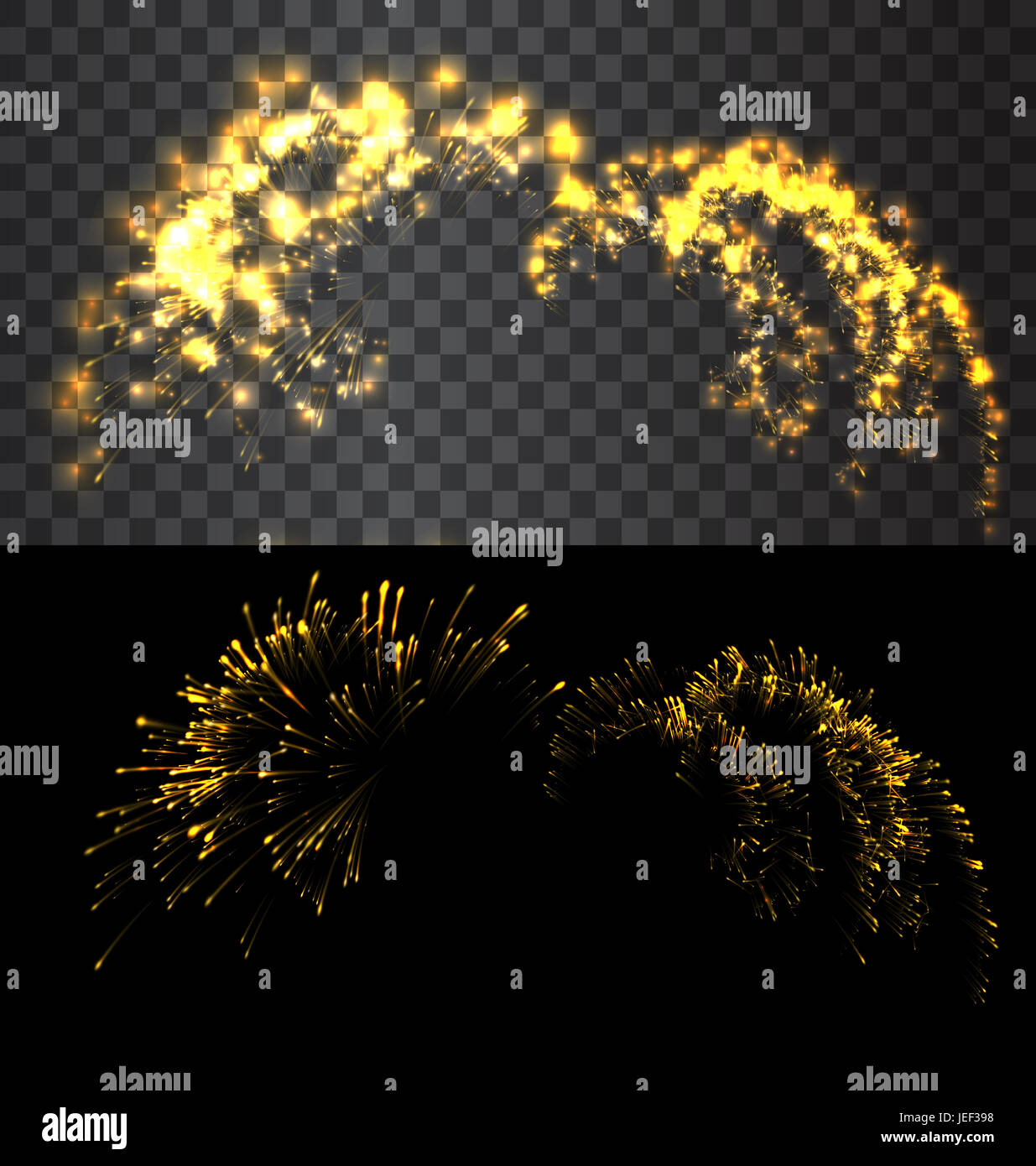 Golden firework explodes on black sky and transparent background ...