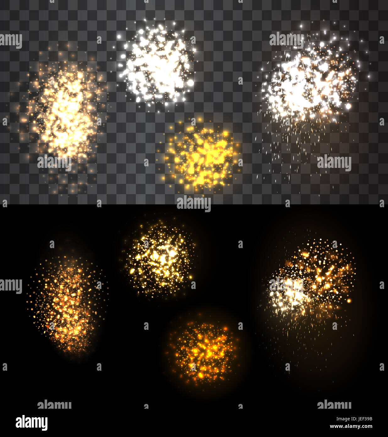 Abstract festive set firework bursting various shapes sparkling against ...