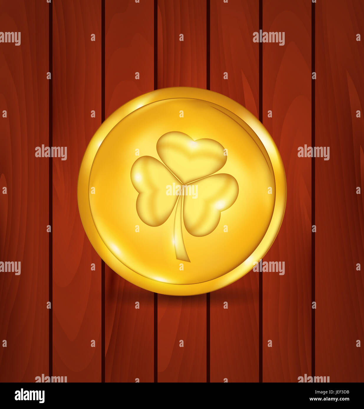 Illustration golden coin with clover on brown wooden texture for St ...