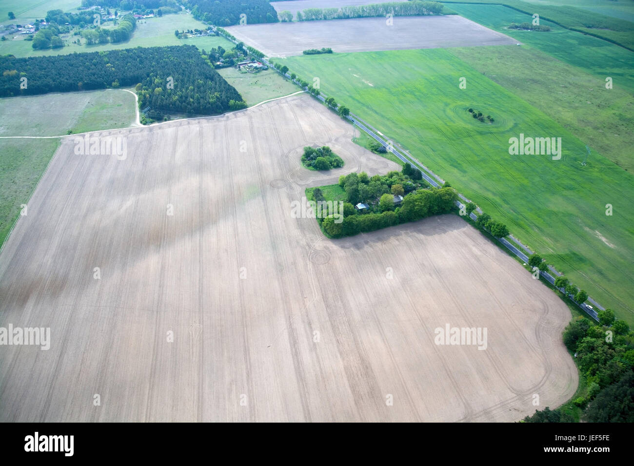 Aerial photo of fields and meadows in Brandenburg, Germany, at the ...