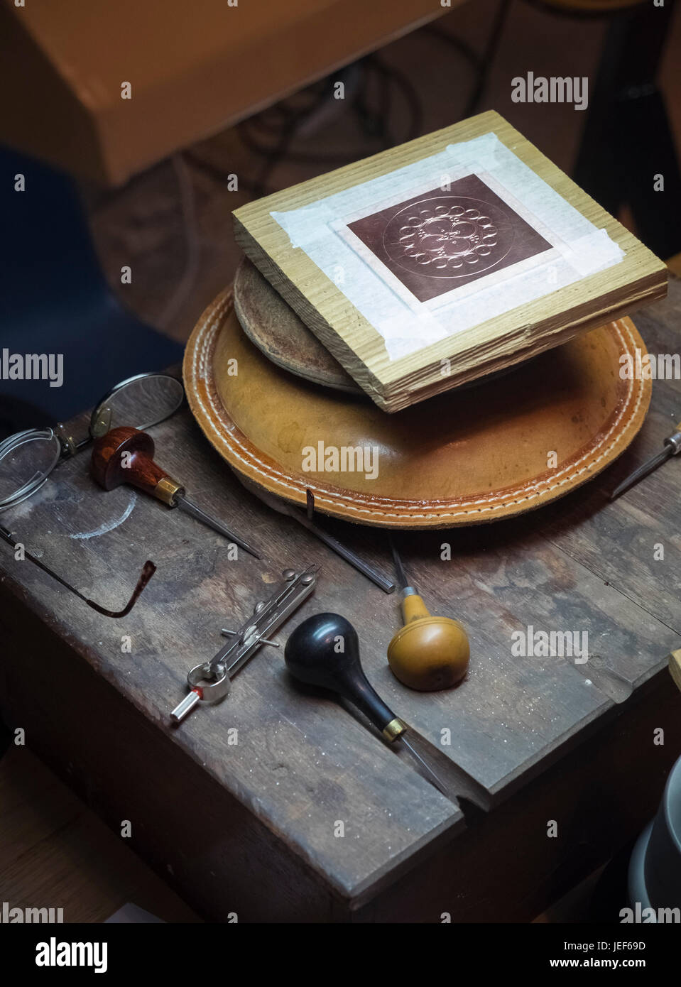 Traditional tools used for silversmith engraving displayed at a ...