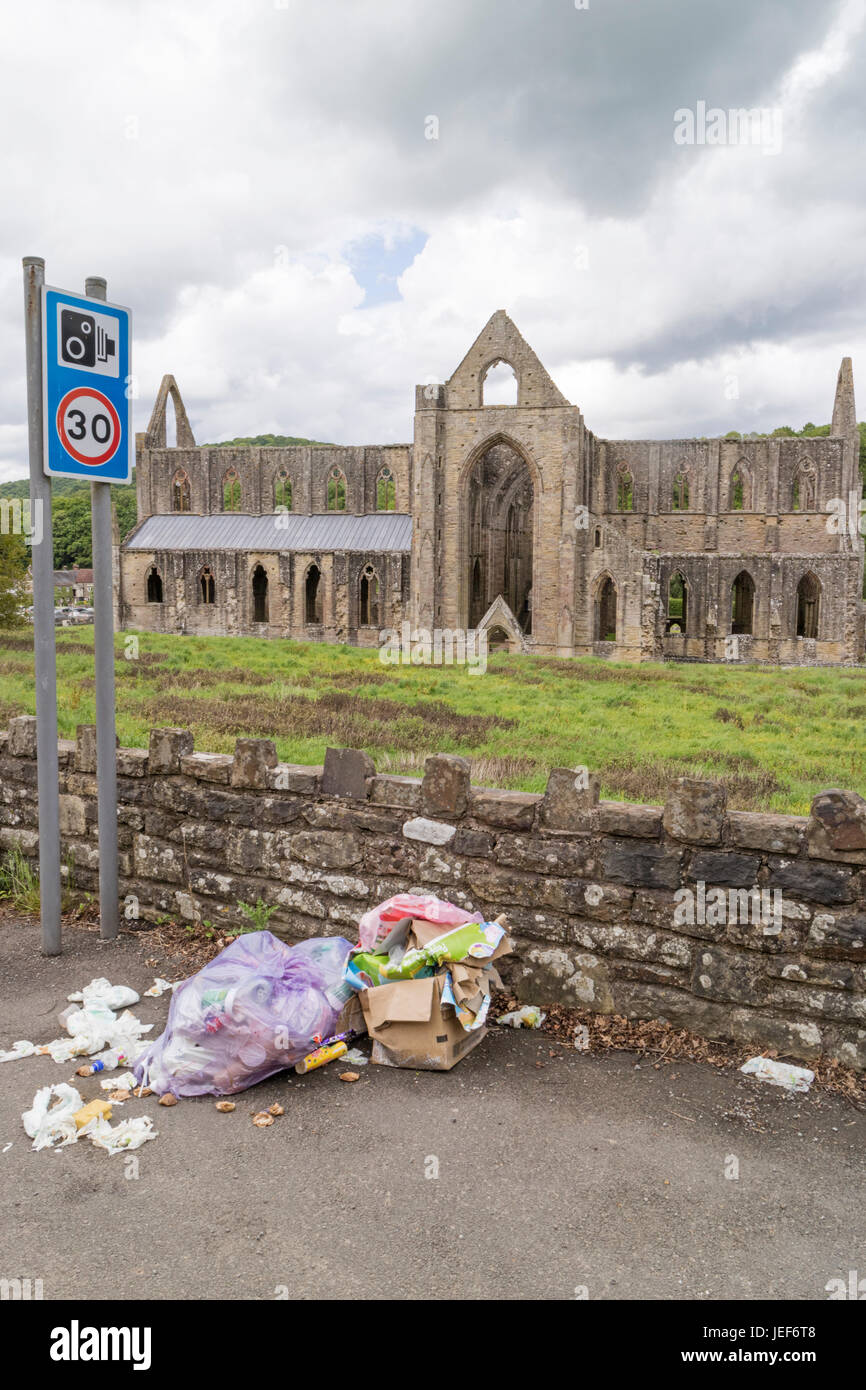 Litter and road signs at Tintern Abbey in the Wye Valley, Monmouthshire ...