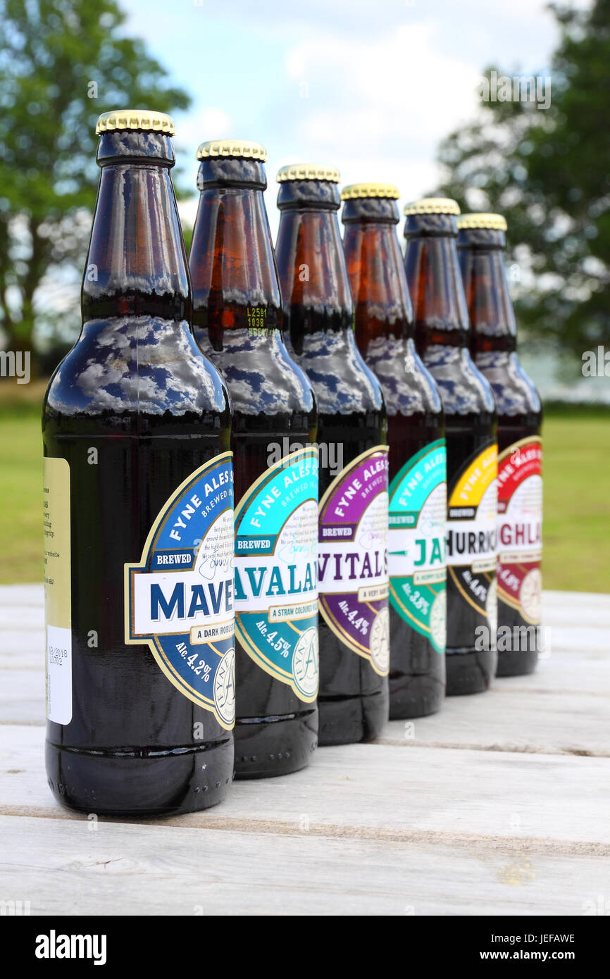 Selection of Fyne Ales, craft beers, pictured on the shores of Loch ...