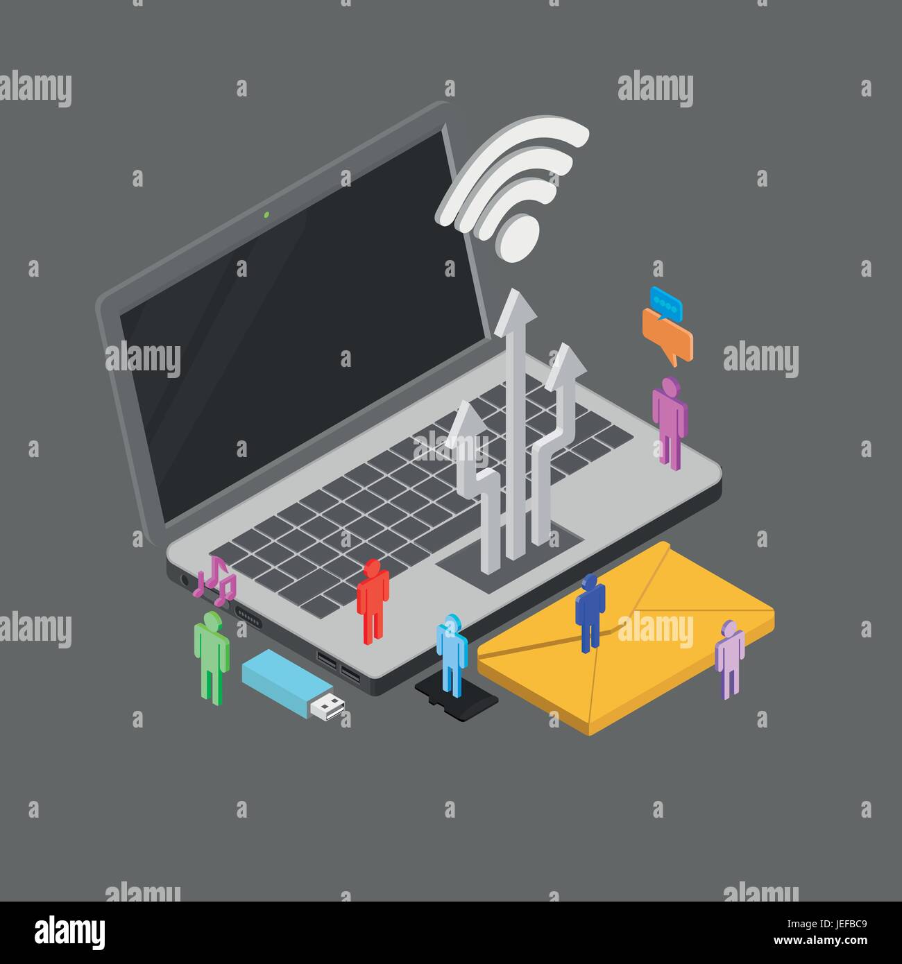 Isometric people using internet around, electronic devices, social ...