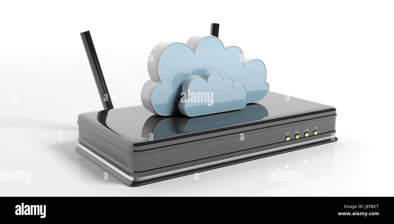 Computer cloud on a Wifi router - isolated on white background. 3d ...