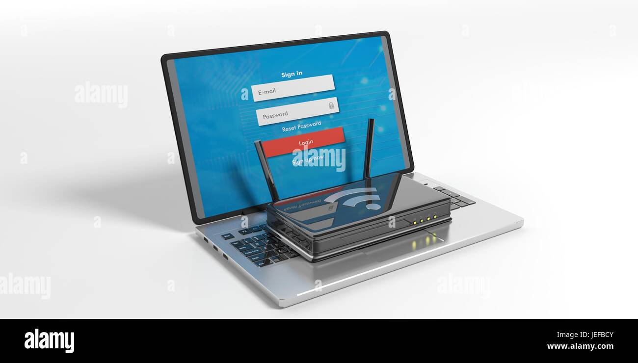 Wifi router on a laptop isolated on white background. 3d illustration ...