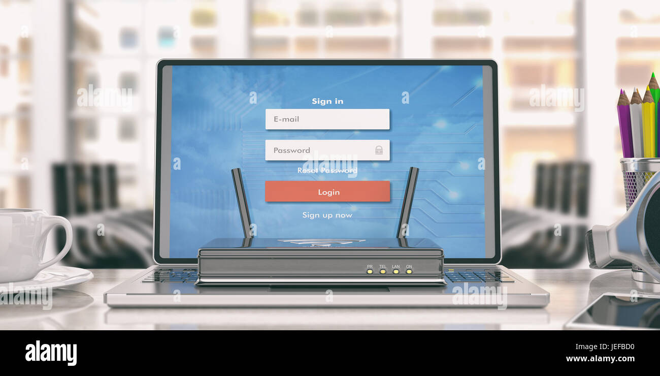 Wifi router on a laptop in an office background. 3d illustration Stock ...