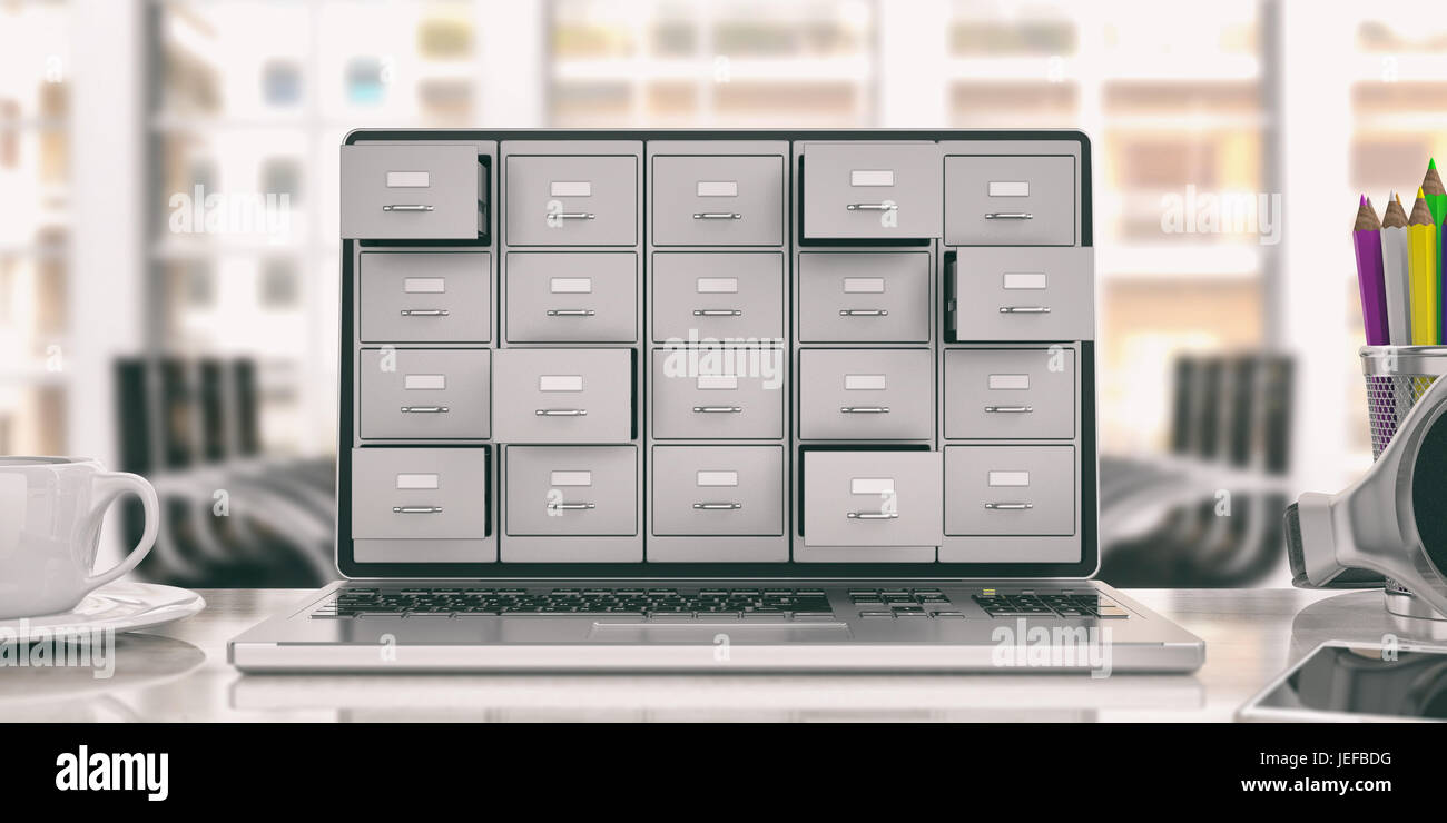 Computer data storage concept. Filing cabinet on a laptop screen. 3d ...