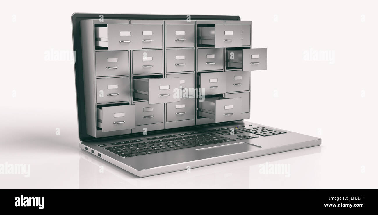 Computer data storage concept. Filing cabinet on a laptop screen. 3d ...