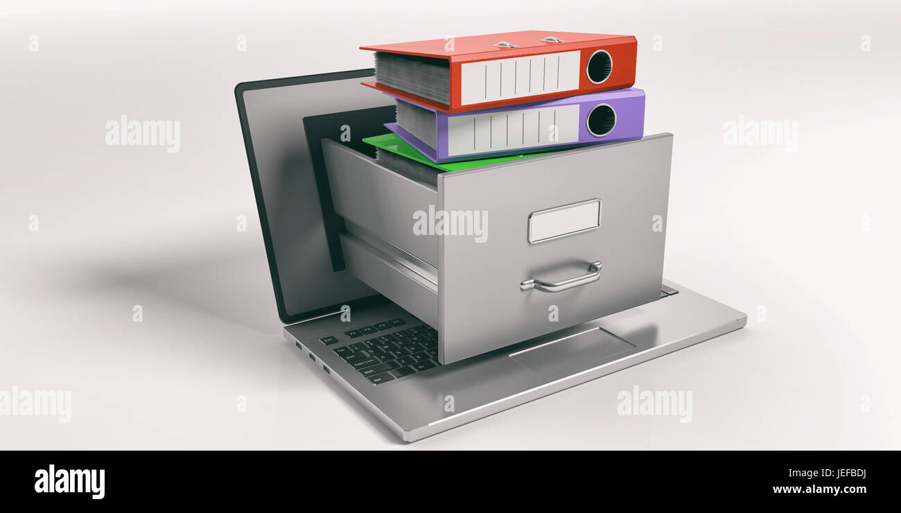 Laptop data storage. Filing cabinet drawer out of a laptop screen. 3d ...