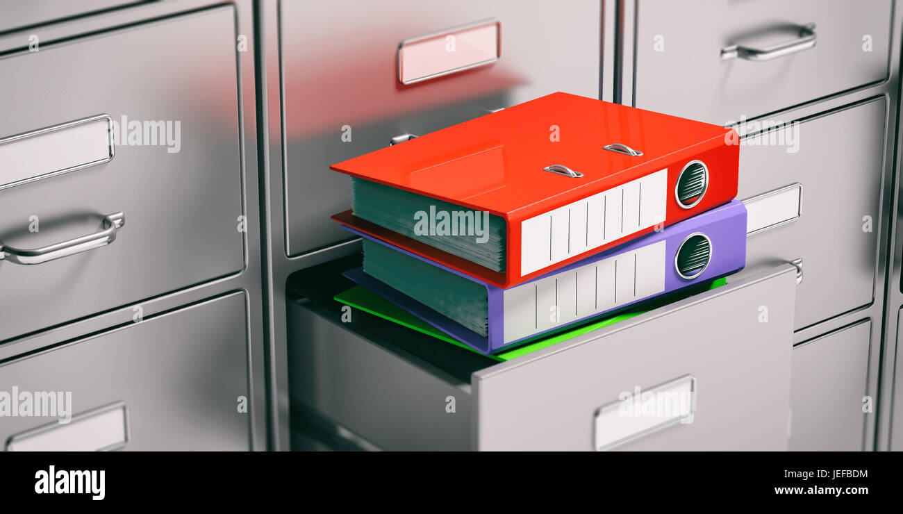 Ring binders in filing cabinets drawers. 3d illustration Stock Photo ...