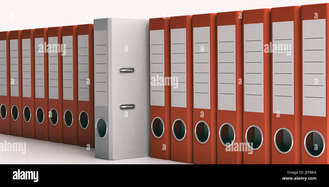 White ring binder in a red binders row - white background. 3d ...