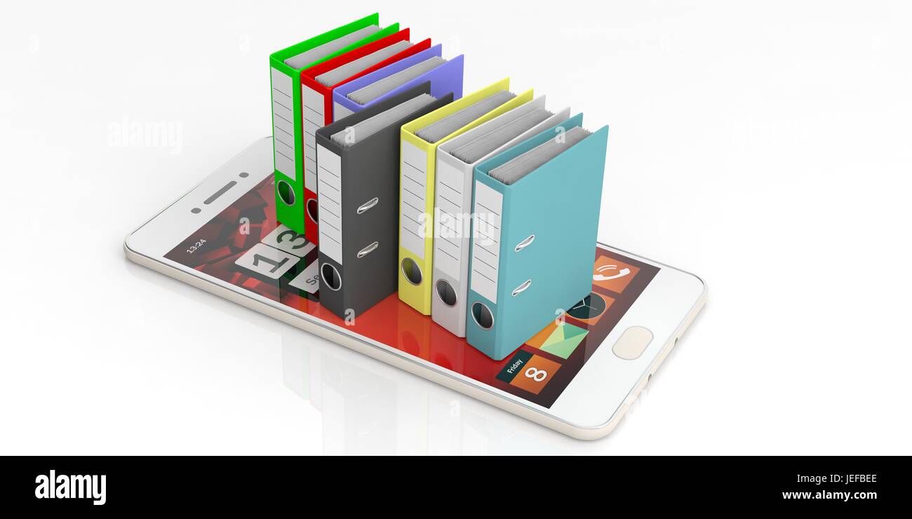 Colorful ring binders on a cell phone on white background. 3d ...