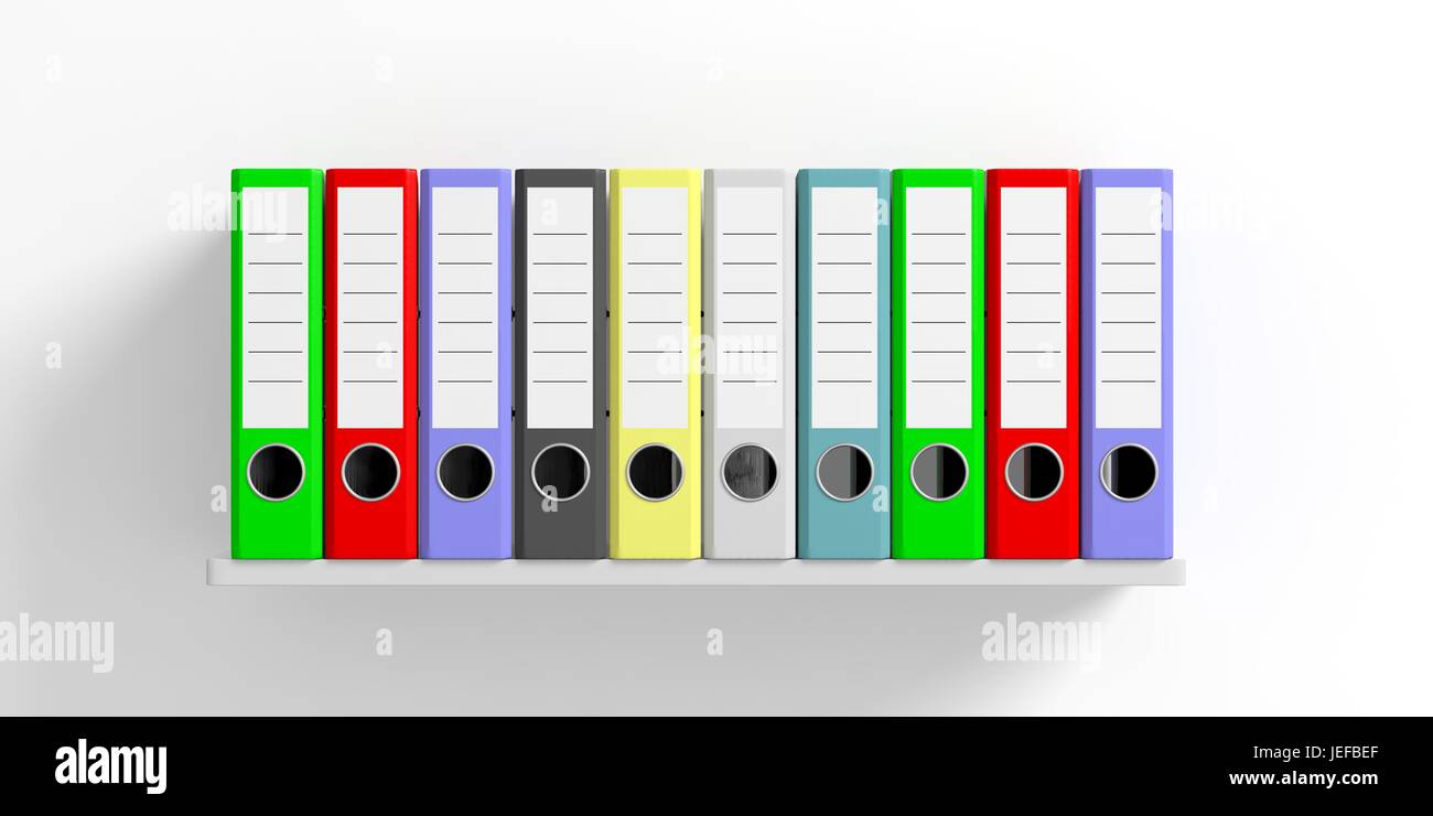 Colorful ring binders on a shelf on white background. 3d illustration ...