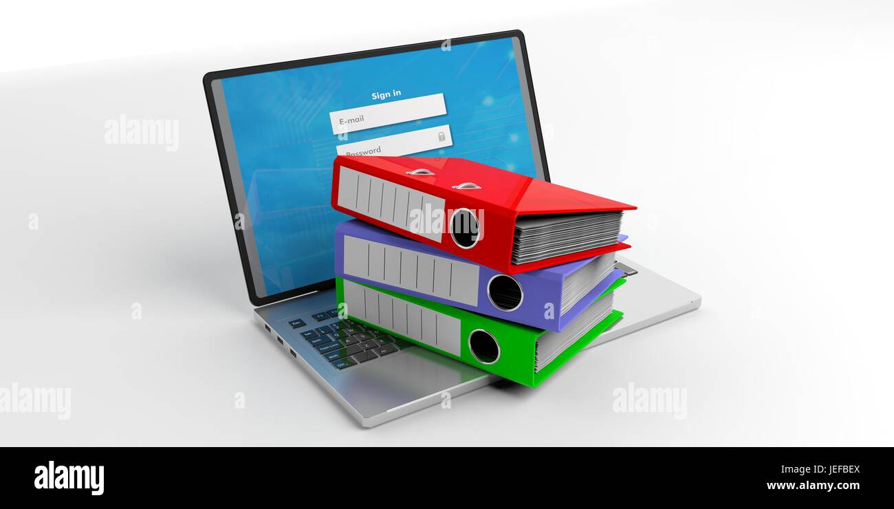 Colorful ring binders on a laptop on white background. 3d illustration ...