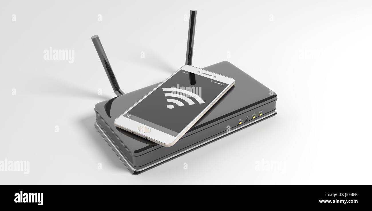 Wifi router and a smartphone isolated on white background. 3d ...