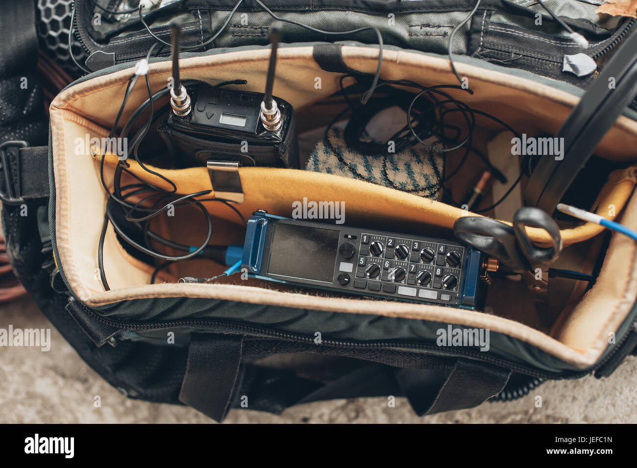 Behind the scene. Equipment for voice and sound recording on outdoor ...