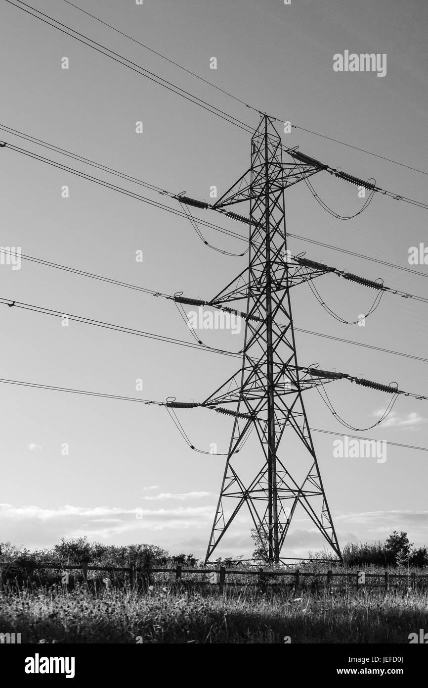 high voltage power tower in black and white, electricity pillar Stock ...