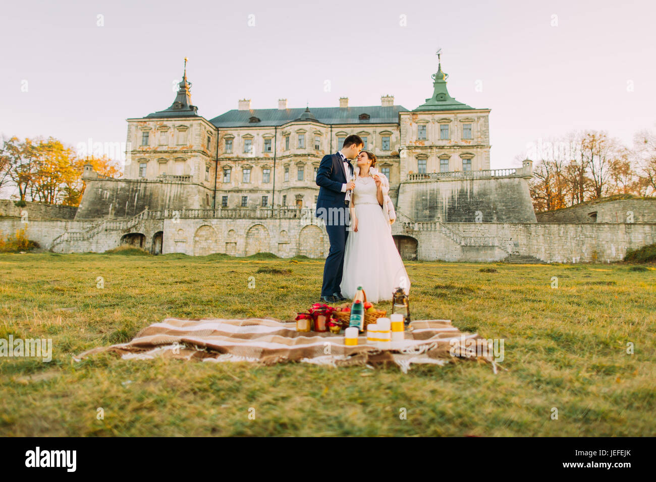 The picnic in the gothic castle. Newlyweds are spending their time in ...