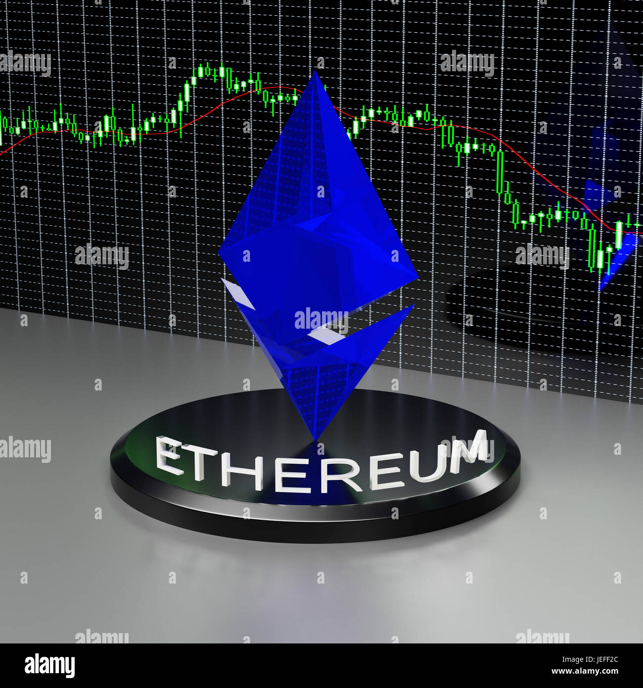 Ethereum currency sign and financial graph on the wall. 3D rendering ...