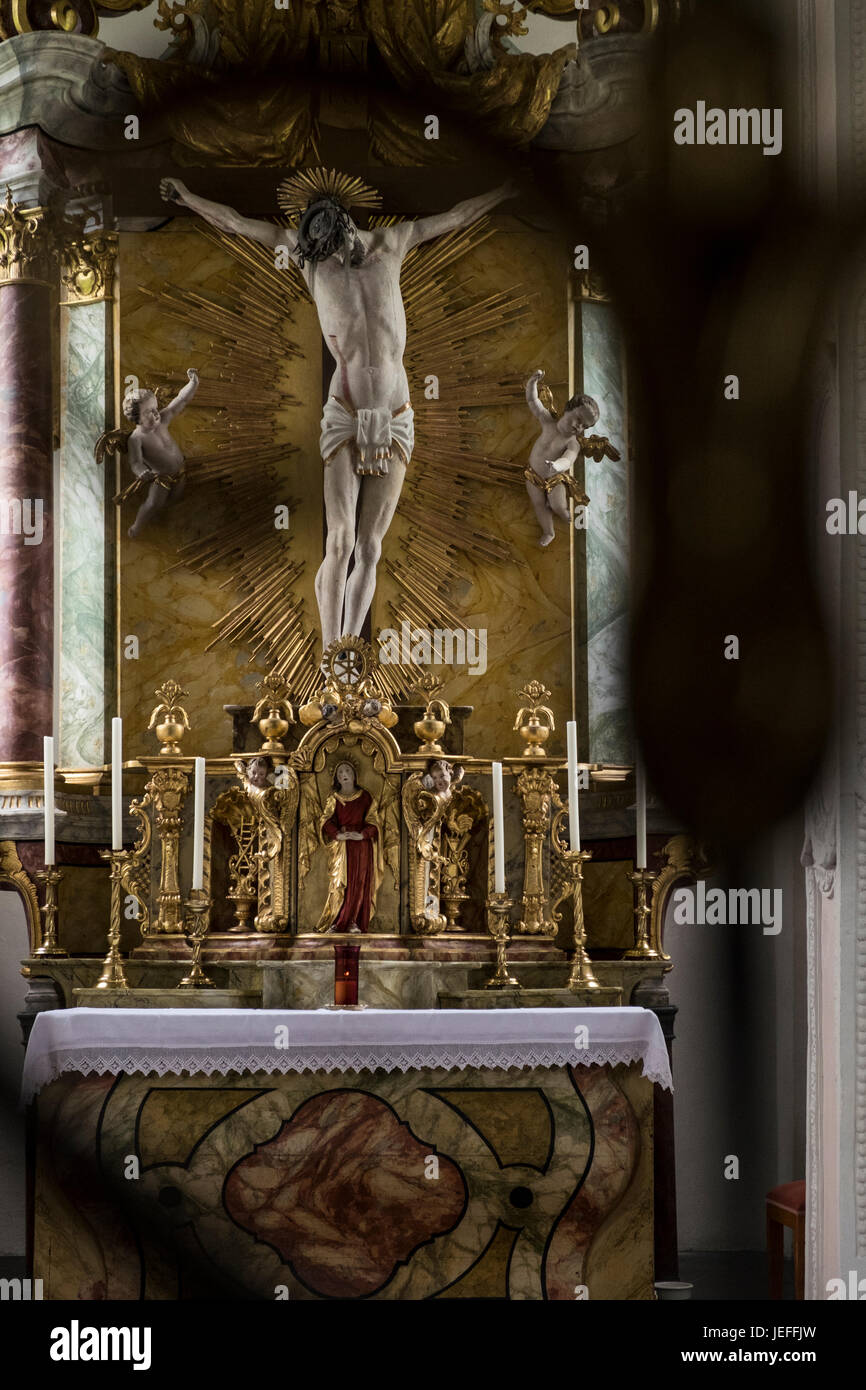 Altar and crucifix inside Seekirchl chapel in Seefeld, Tyrol, Austria ...