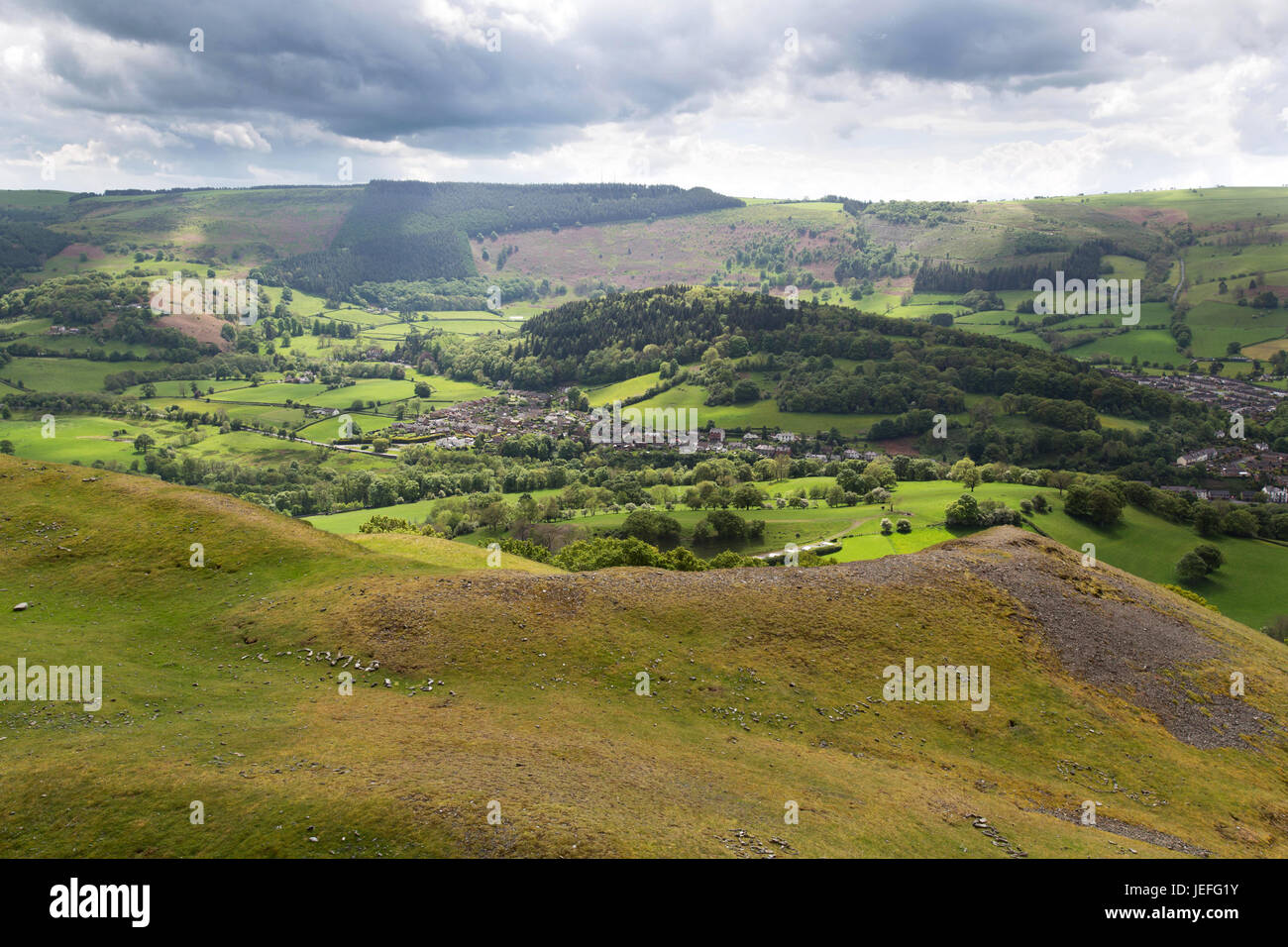 The town of Llangollen, Wales. Picturesque aerial view of the Welsh ...