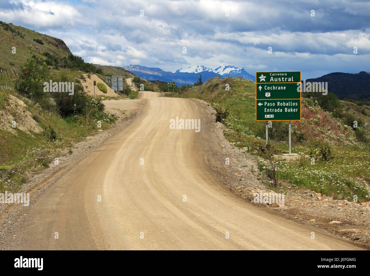 Carretera Austral highway, ruta 7, with road sign, Patagonia Chile ...