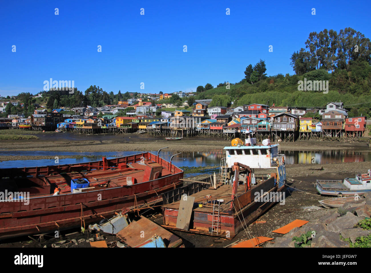 Palafito houses on stilts in Castro, Chiloe Island, Chile Stock Photo ...