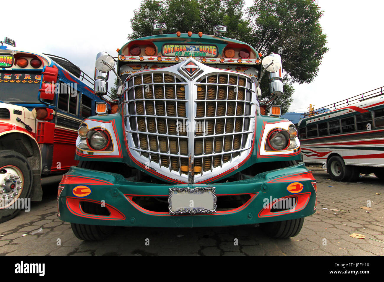 Typical colorful guatemalan chicken bus in Antigua, Guatemala Stock ...