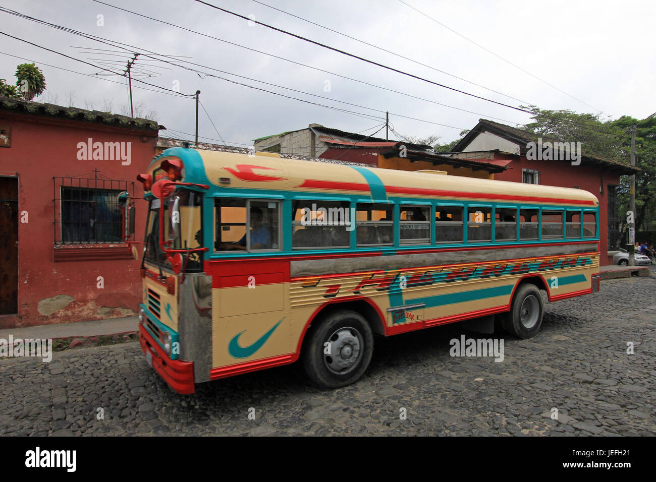 Typical colorful guatemalan chicken bus in Antigua, Guatemala Stock ...