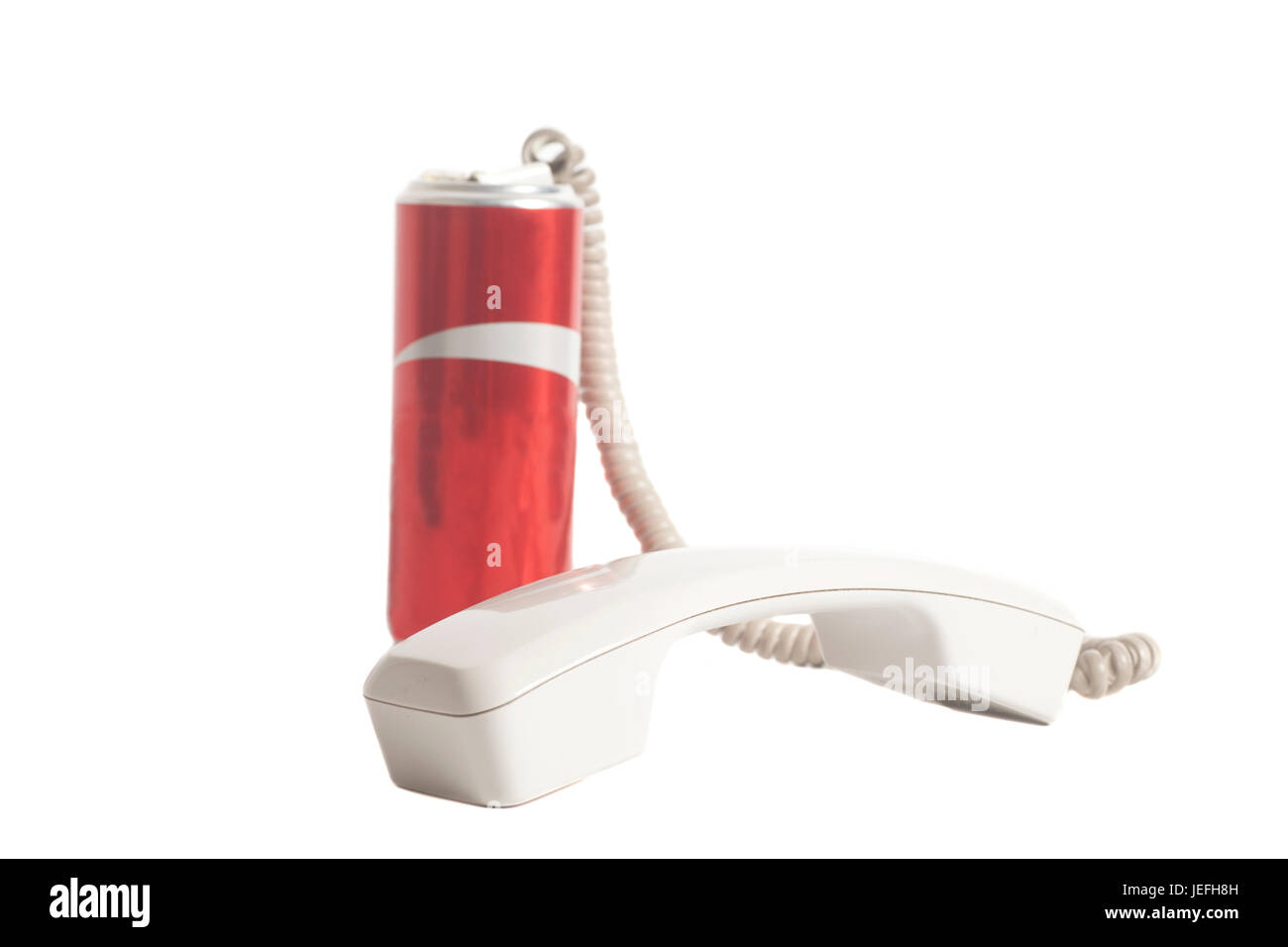 Tin can phone with handset isolated on white background Stock Photo - Alamy