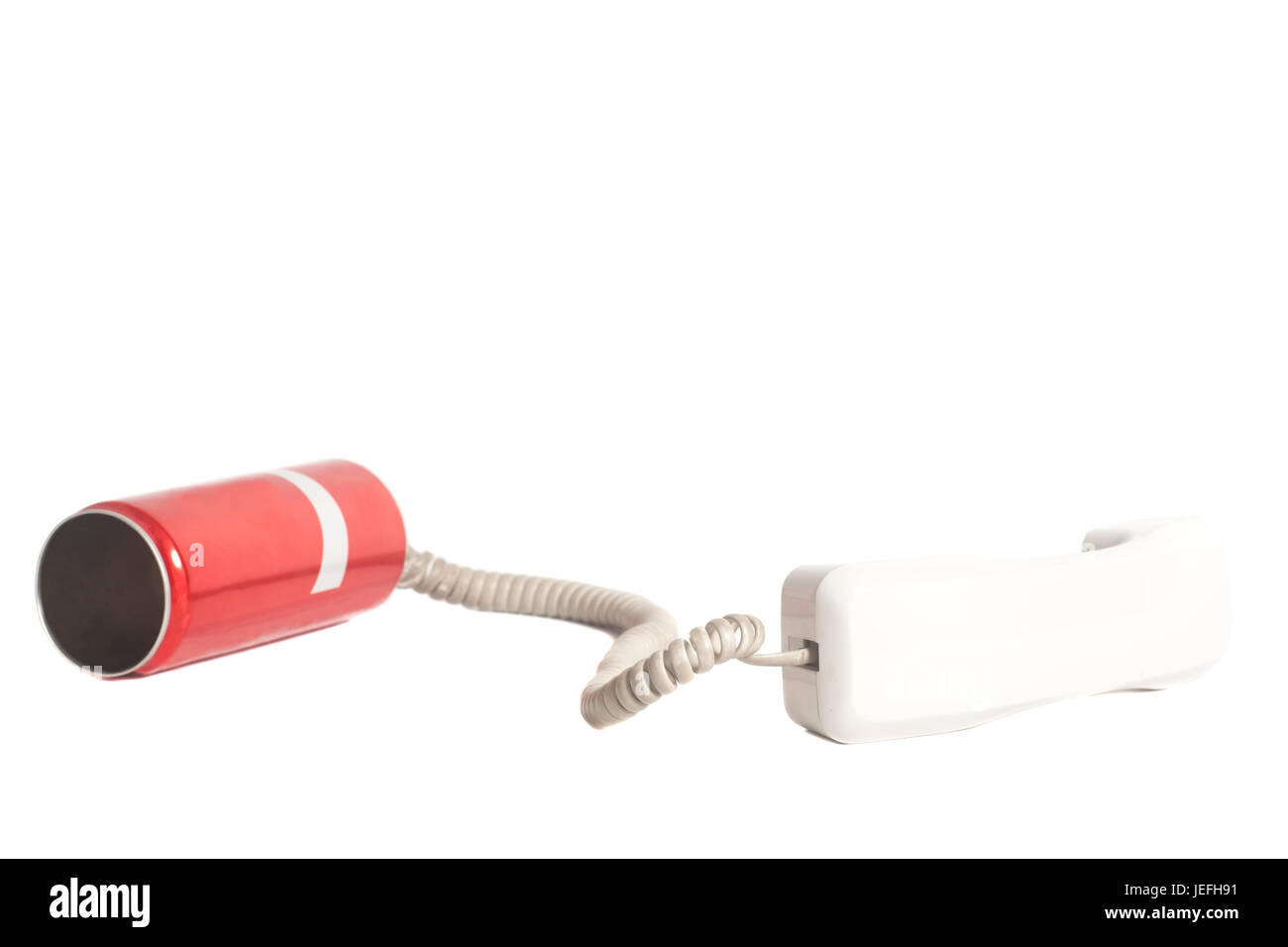 Tin can phone with handset isolated on white background Stock Photo - Alamy