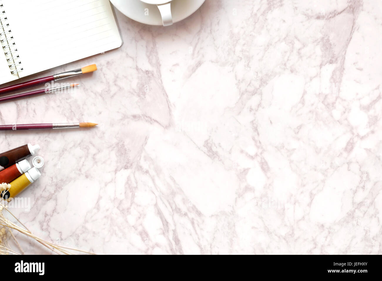 Top view designer or office workplace with copy space. White, marble ...