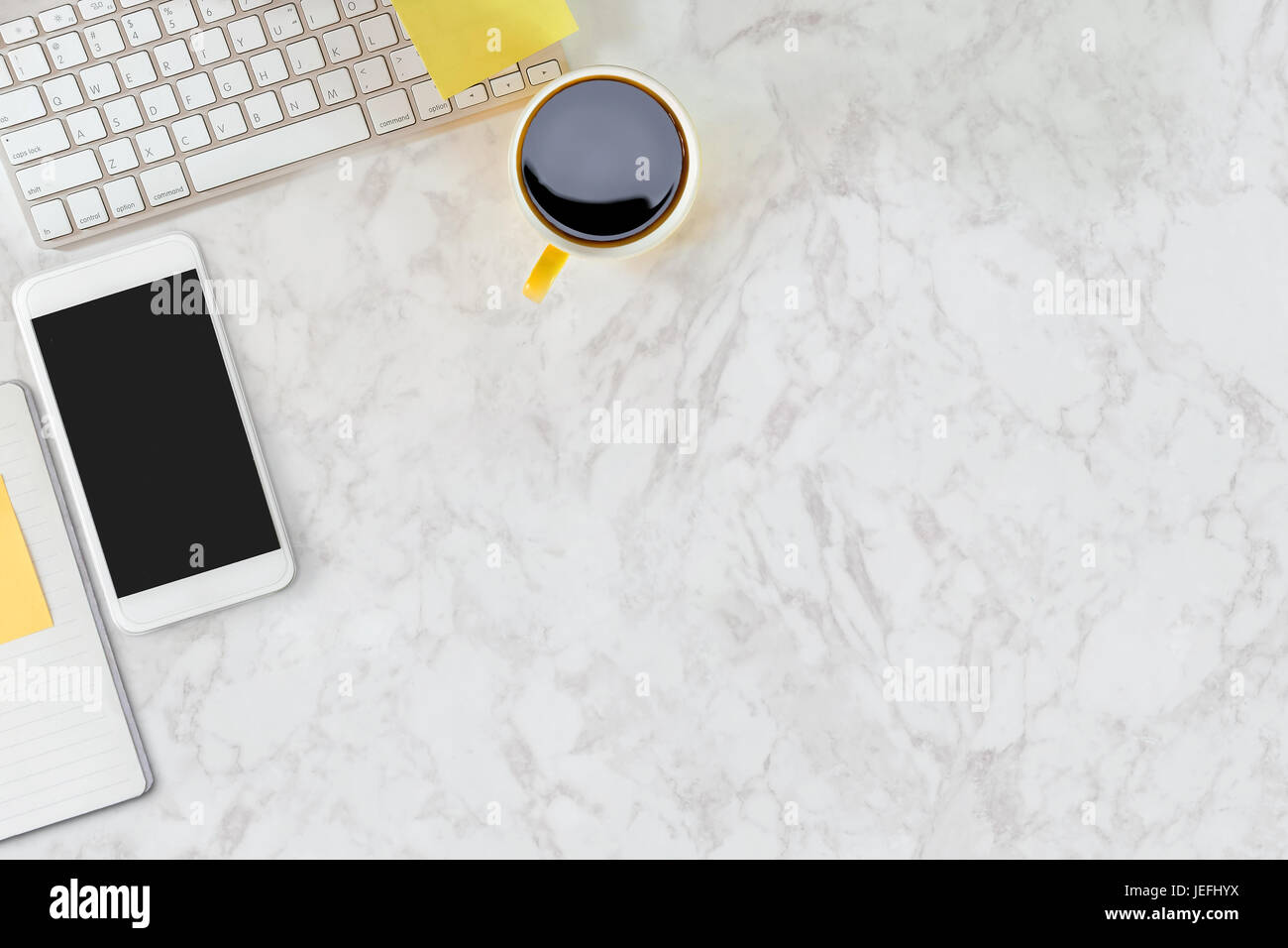 Top view work desk. Mock up Office desk table with computer, supplies ...