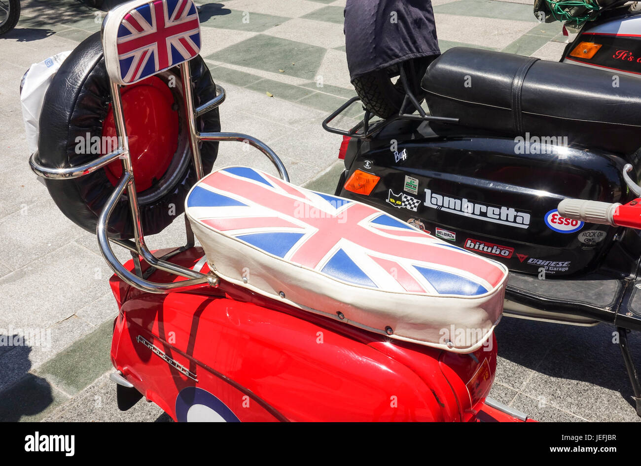 Lambretta scooter Classic bikes with English flag on seat, on display ...