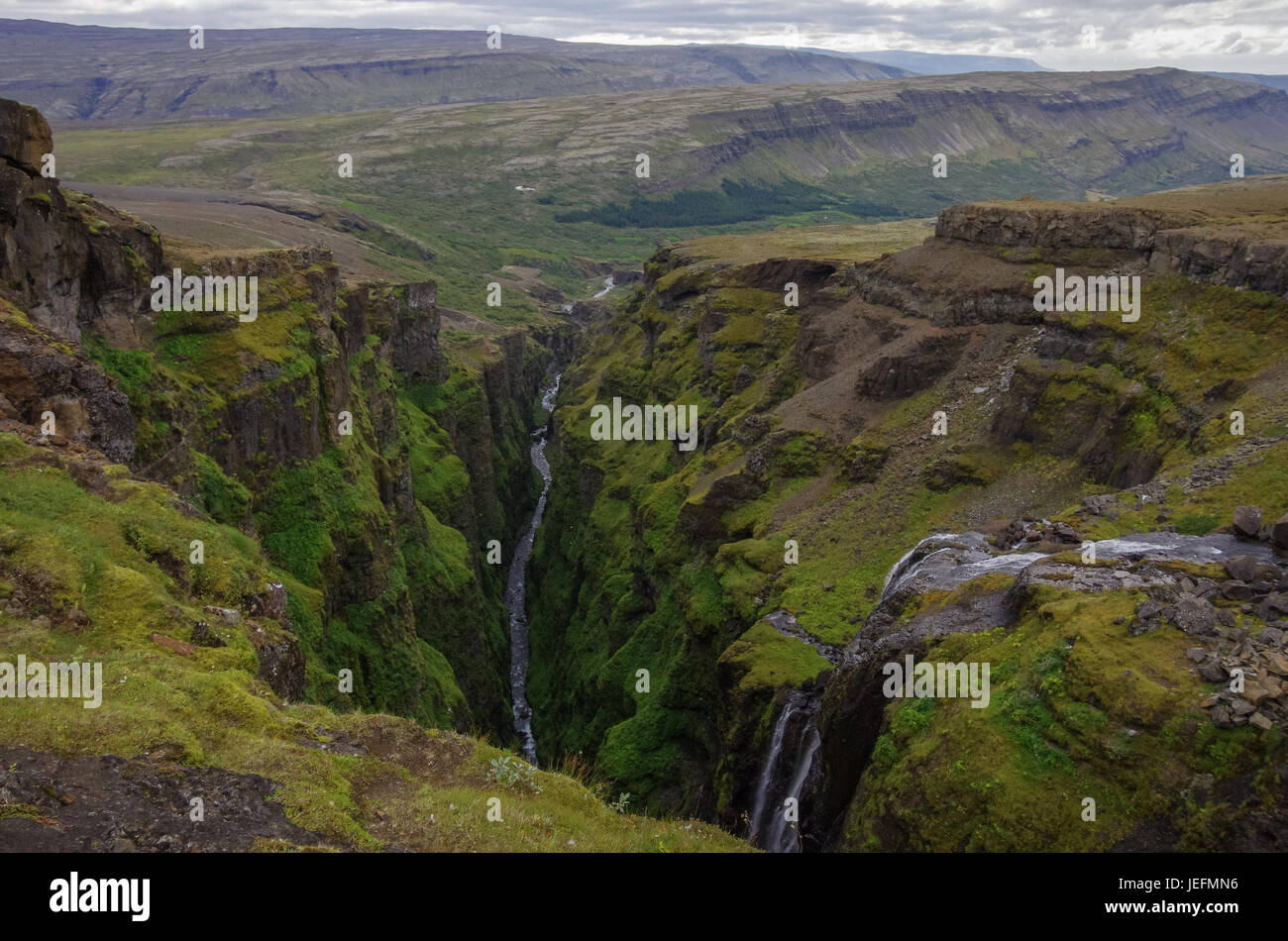 Scenic view to canyon of Glymur waterfall - highest waterfall of ...