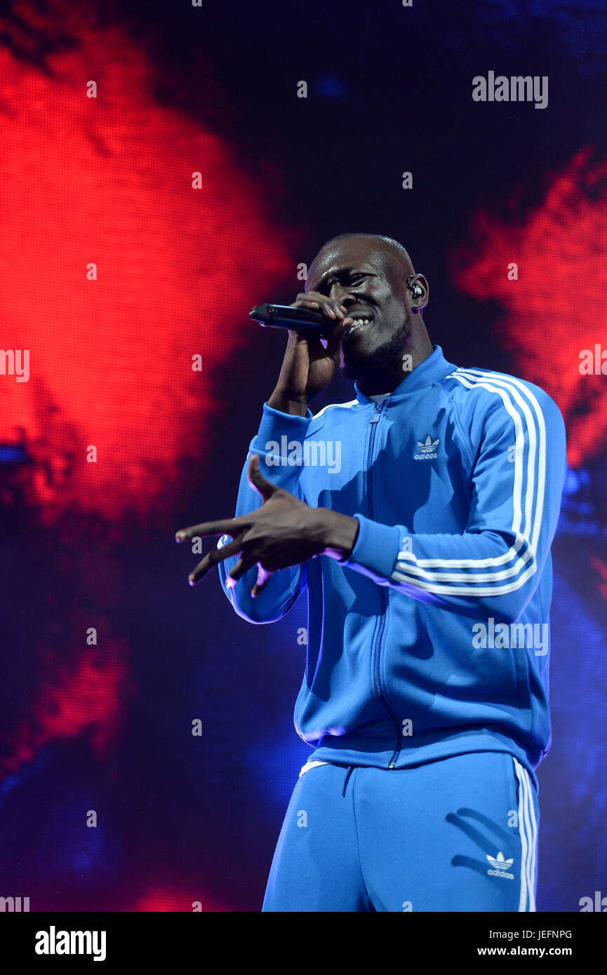 Stormzy performing on The Other Stage at the Glastonbury Festival, at ...