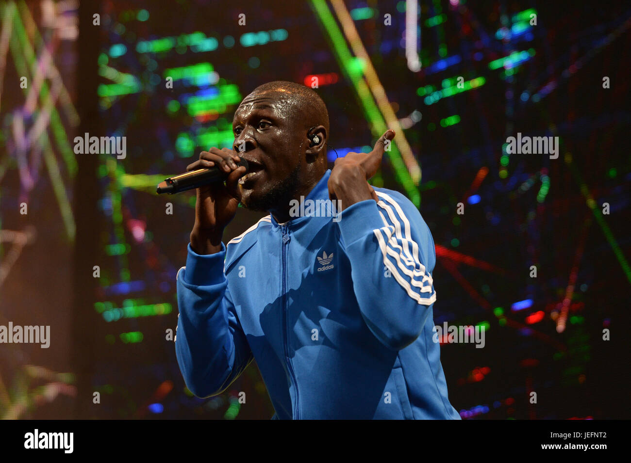 Stormzy performing on The Other Stage at the Glastonbury Festival, at ...