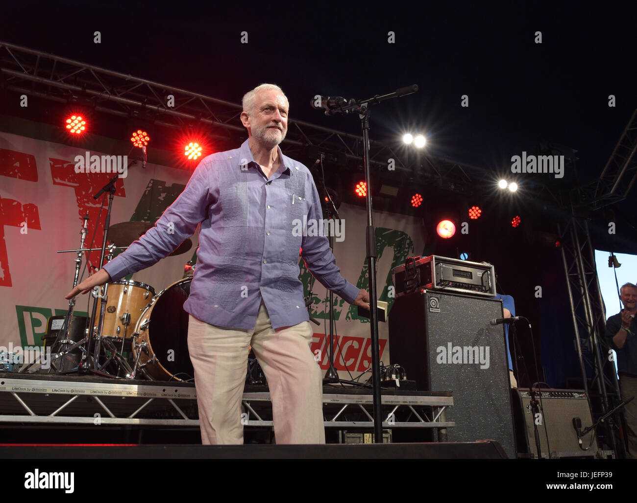 Labour leader Jeremy Corbyn addresses the crowd from the stage at ...