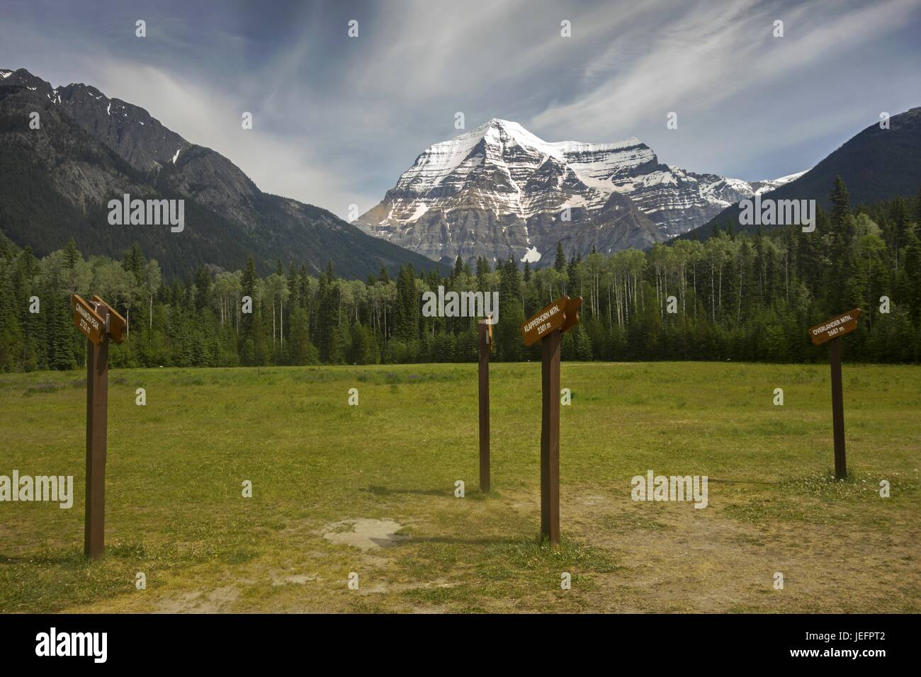 Mountain Peak Sign Posts, Mount Robson Visitor Center Skyline. Green ...