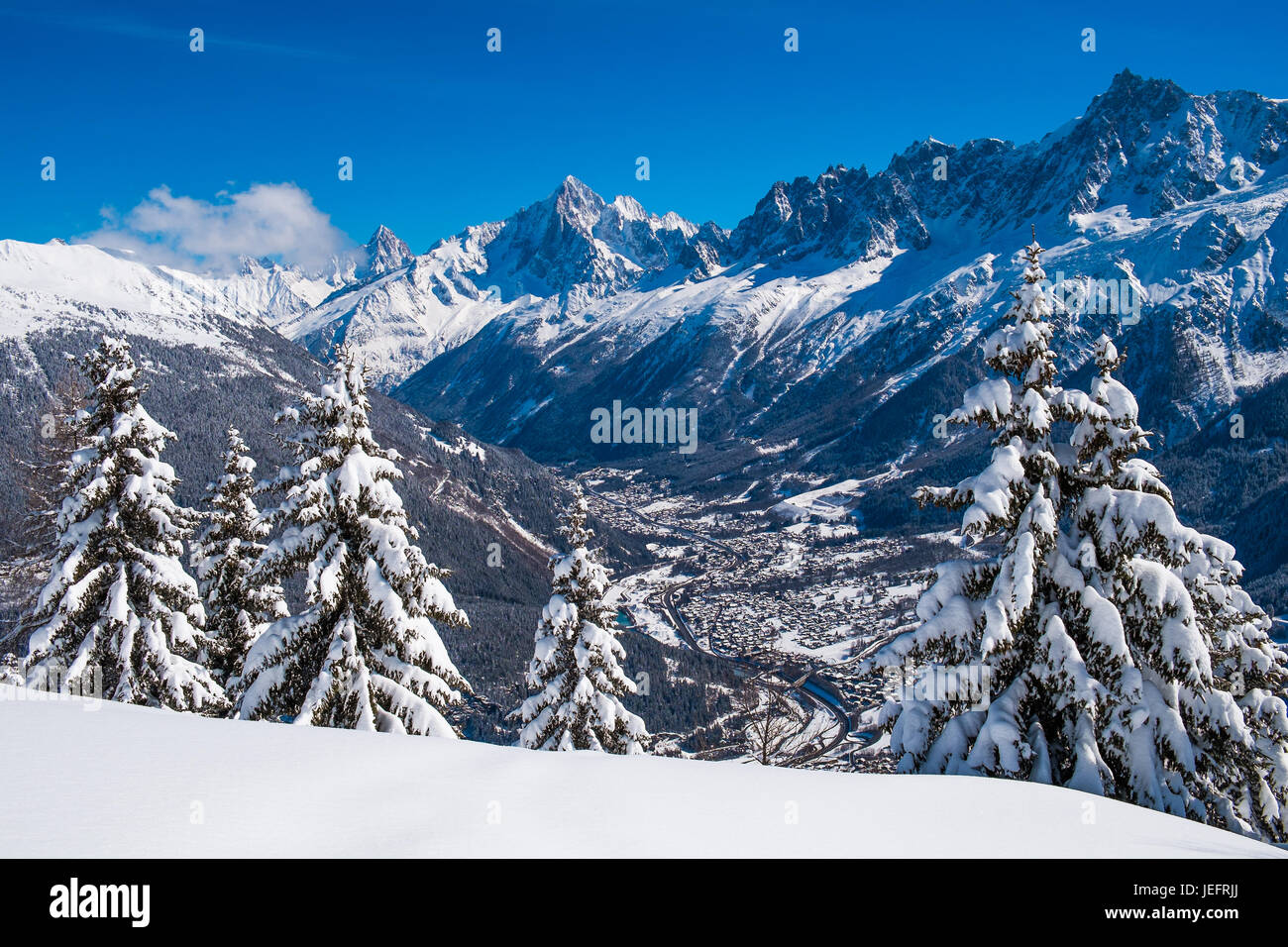 Panorama of Chamonix valley and Mont Blanc Massif in winter from ...