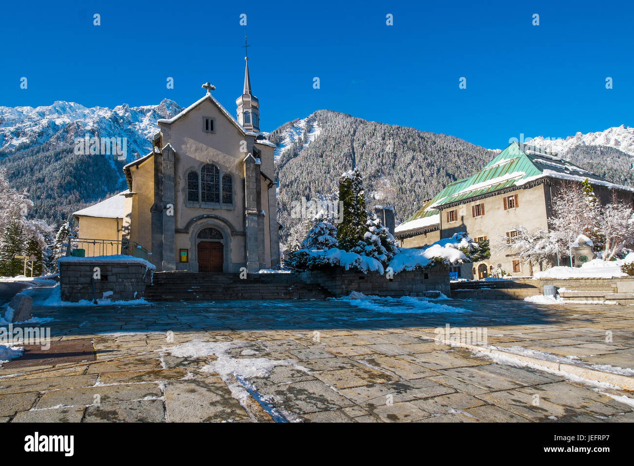 Church of Chamonix and Brevent, France Stock Photo - Alamy