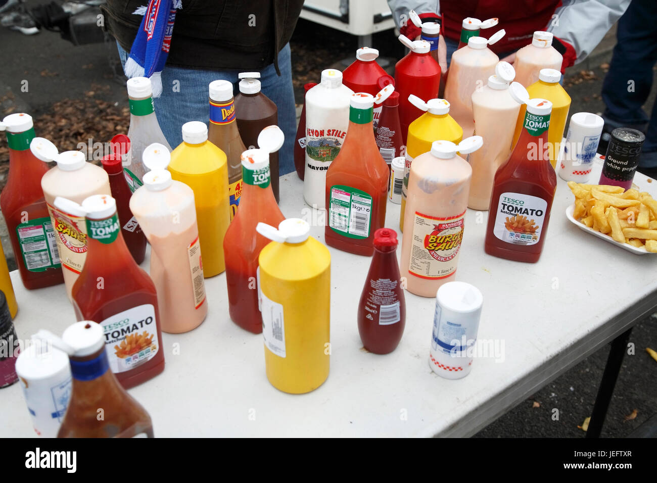 Fast food tomato ketchup mustard sauce plastic bottles containers ...