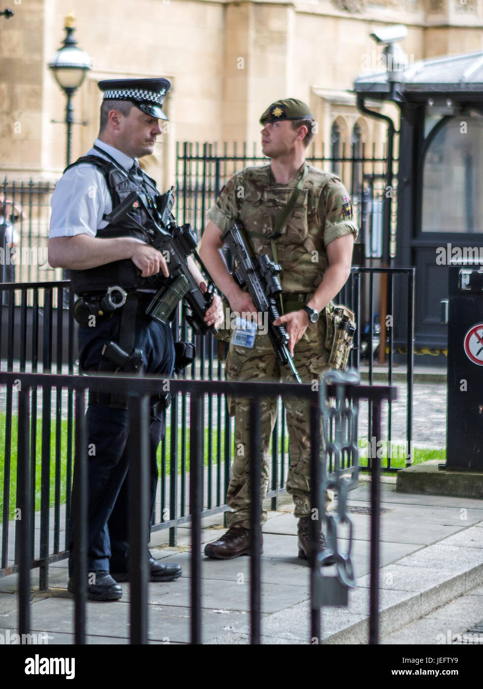 Army personnel on guard with Metropolitan police officers at the Palace ...