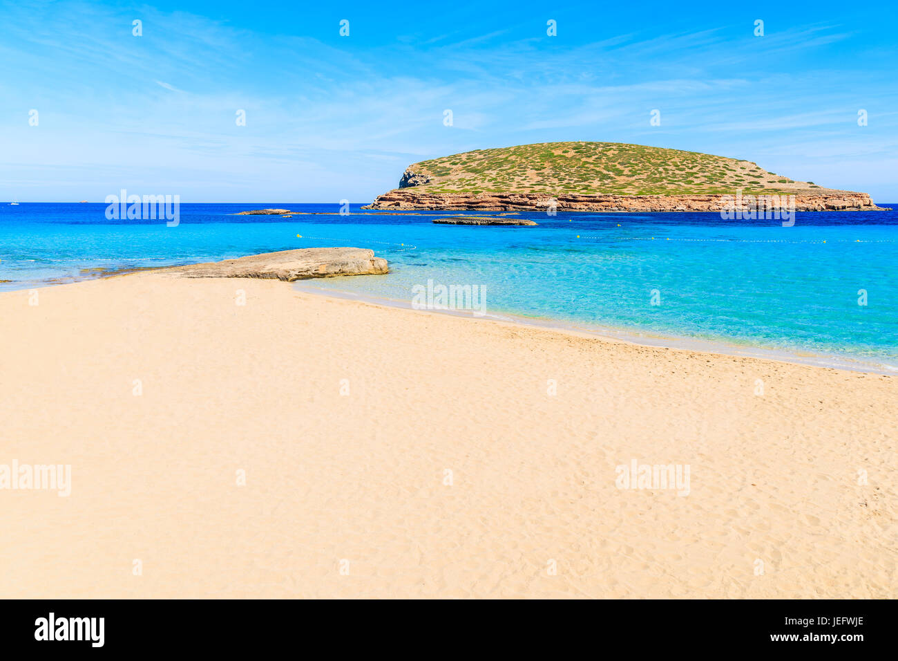 Beautiful sandy Cala Comte beach with azure blue sea water, Ibiza ...
