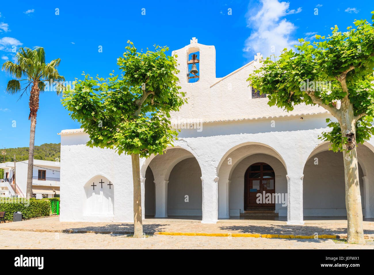 View of beautiful white church in Sant Carles de Peralta village, Ibiza ...